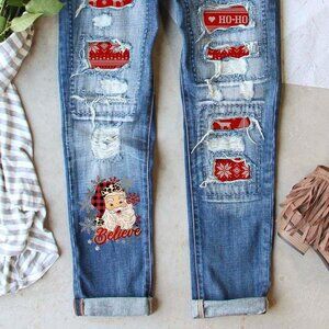 Jeans | B225 Sky Blue Santa Claus Pattern Splicing Distressed Boyfriend ...